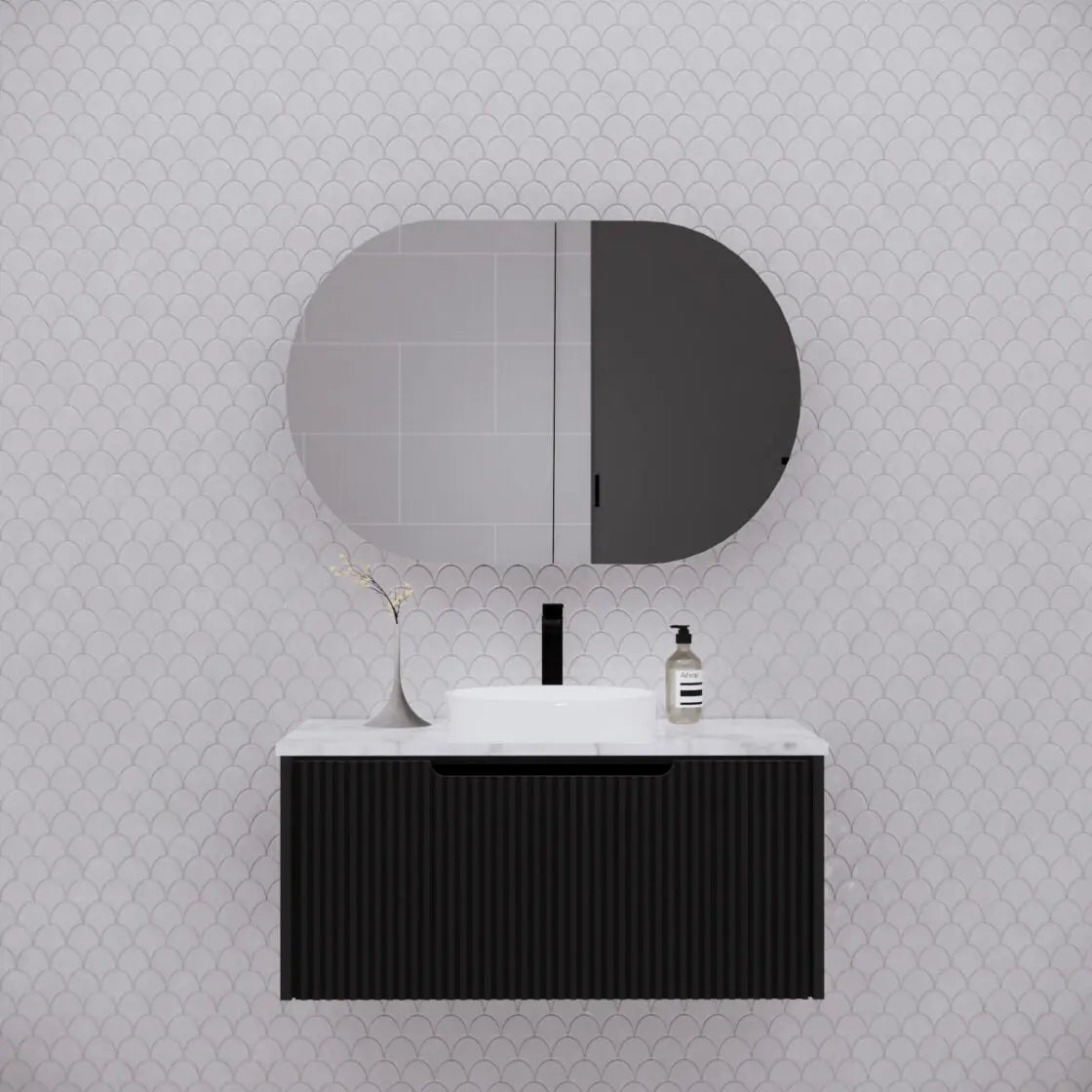 Riva London Oval Shaving Cabinet 870mm - Matt Black — Aqualux Bathrooms